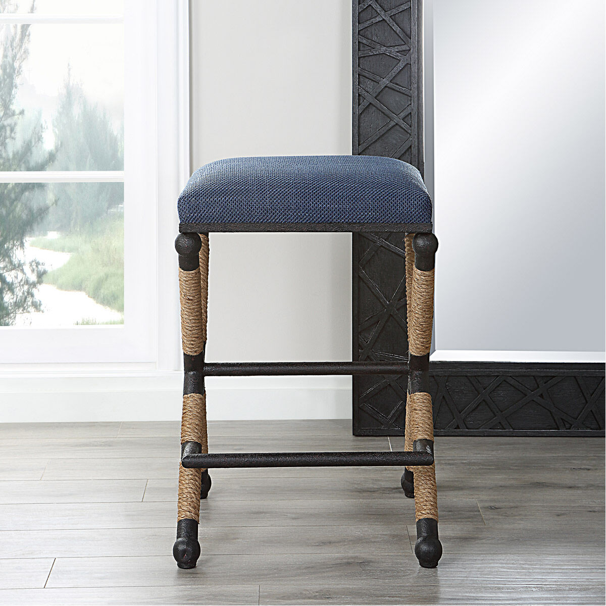Uttermost 23710 Firth 28 inch Rustic Iron and Natural Fiber Rope with Navy Counter Stool