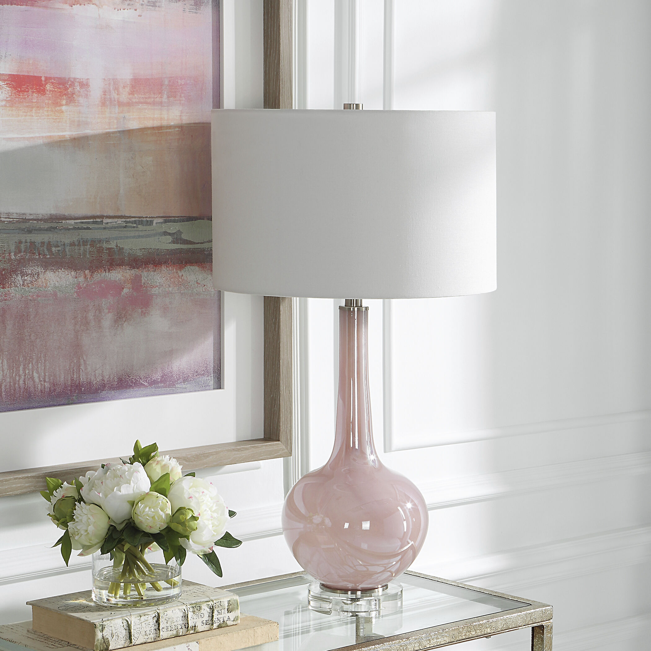 Uttermost 30144 Rosa 29 inch 150.00 watt Blush Pink Glass with Brushed Nickel and Crystal Table Lamp Portable Light